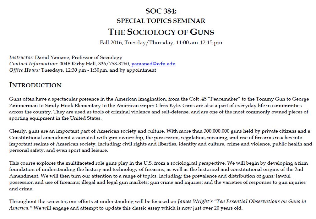 Sociology of Guns Seminar, Version 2.0, Fall 2016 – Gun Culture 2.0